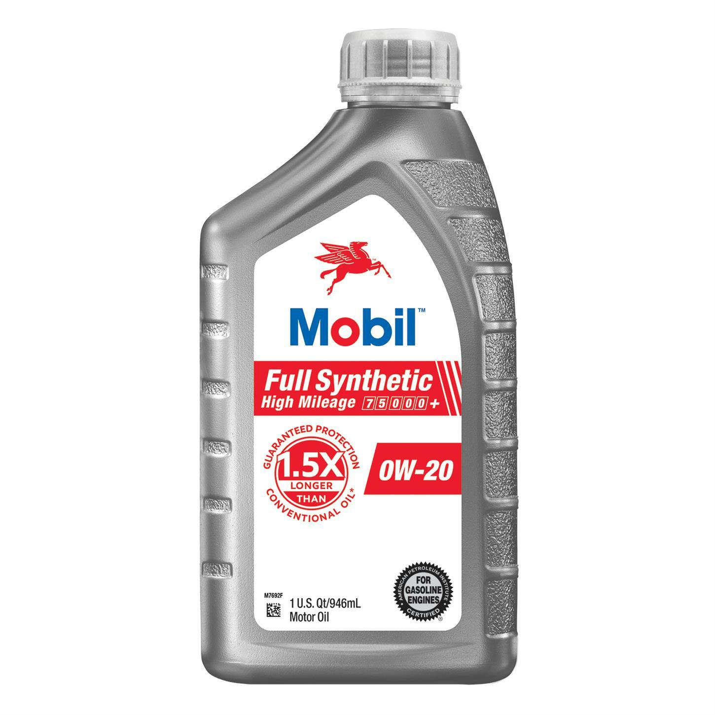 Mobil Full Synthetic High Mileage Motor Oil 0W-20, 1 Qt, Case/6